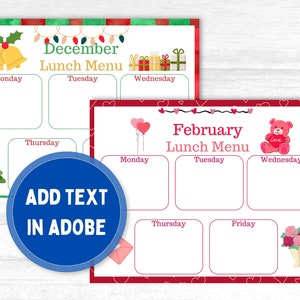 Kids School Lunch Menu Monthly Lunch Menu Template Fillable and ...