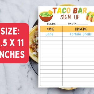 Taco Bar Potluck Sign up Printable; Sign up Sheet for Taco Fiesta PDF ...