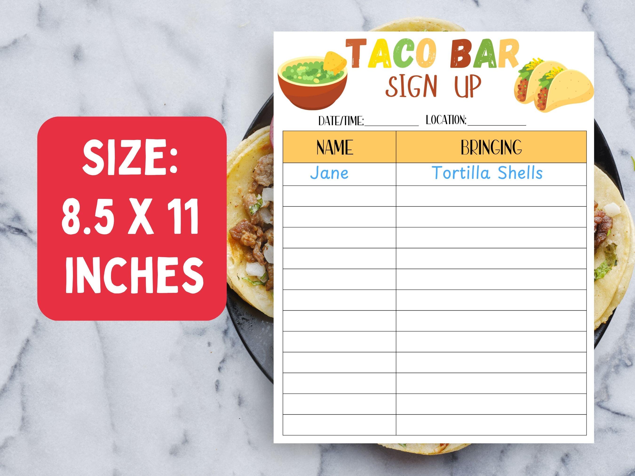 Taco Bar Potluck Sign up Printable; Sign up Sheet for Taco Fiesta PDF ...