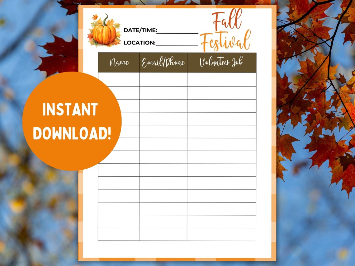 Fall Festival Sign up Sheet PDF; Printable Volunteer Signup; Fall ...