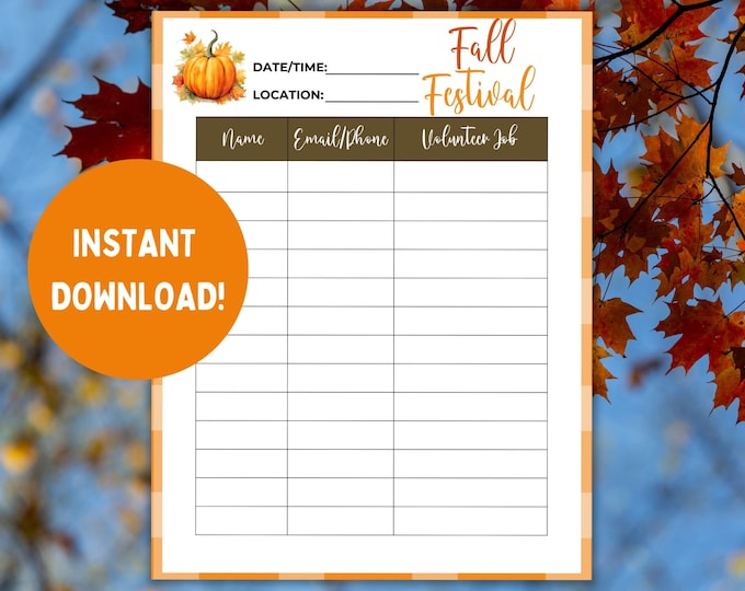 Fall Festival Sign up Sheet PDF; Printable Volunteer Signup; Fall ...