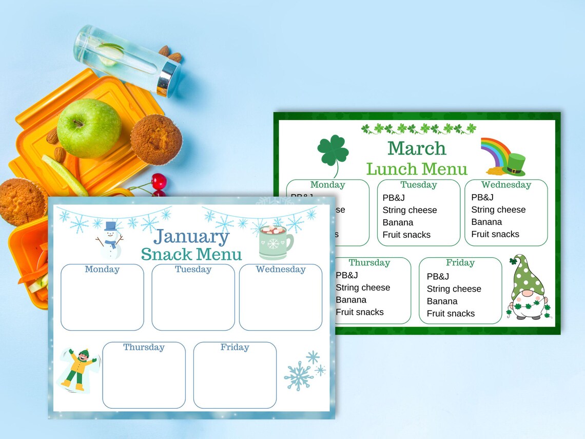 Kids School Lunch Menu; Monthly Lunch & Snack Menu Templates; Fillable ...