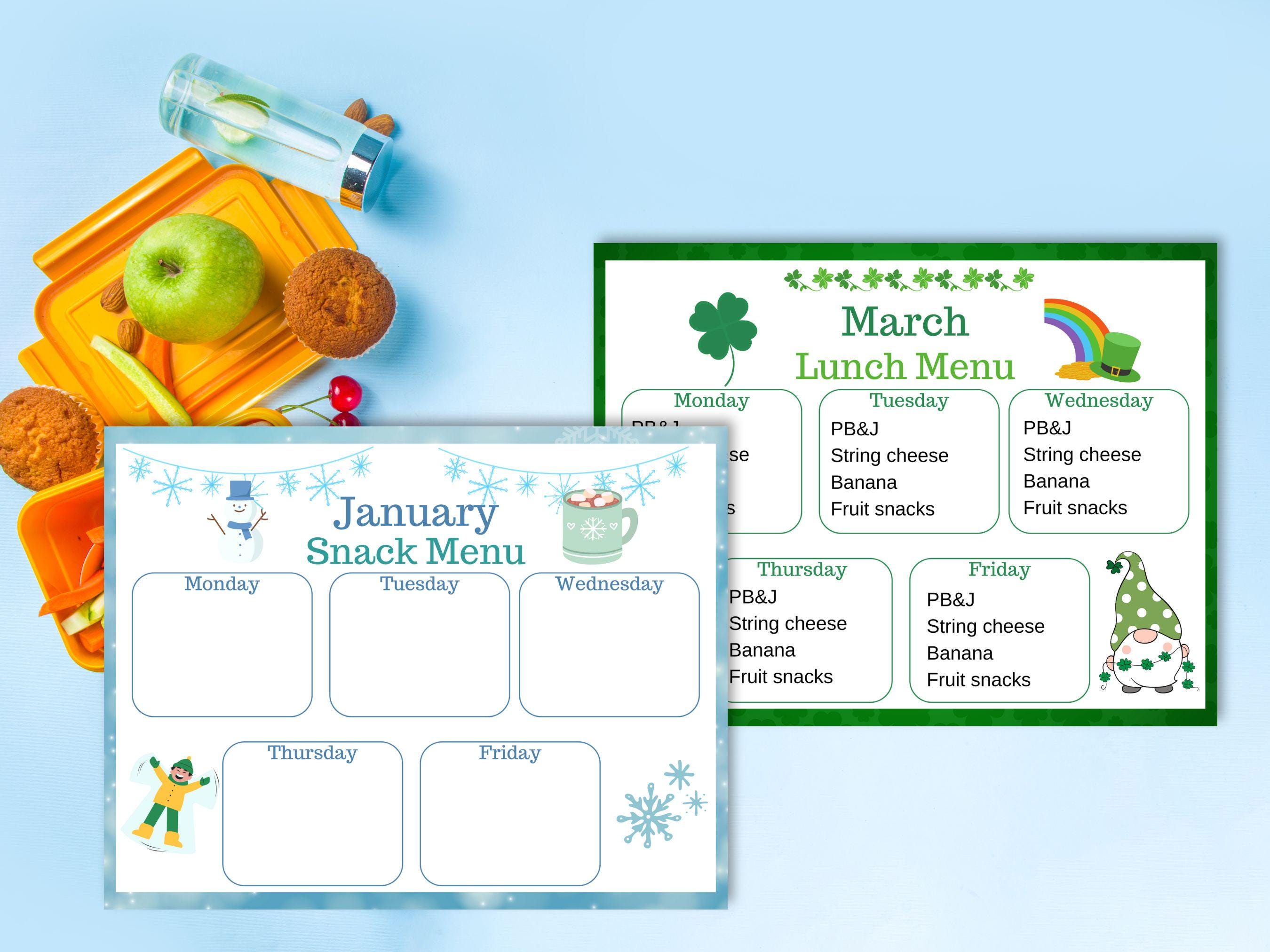 Kids School Lunch Menu; Monthly Lunch & Snack Menu Templates; Fillable ...