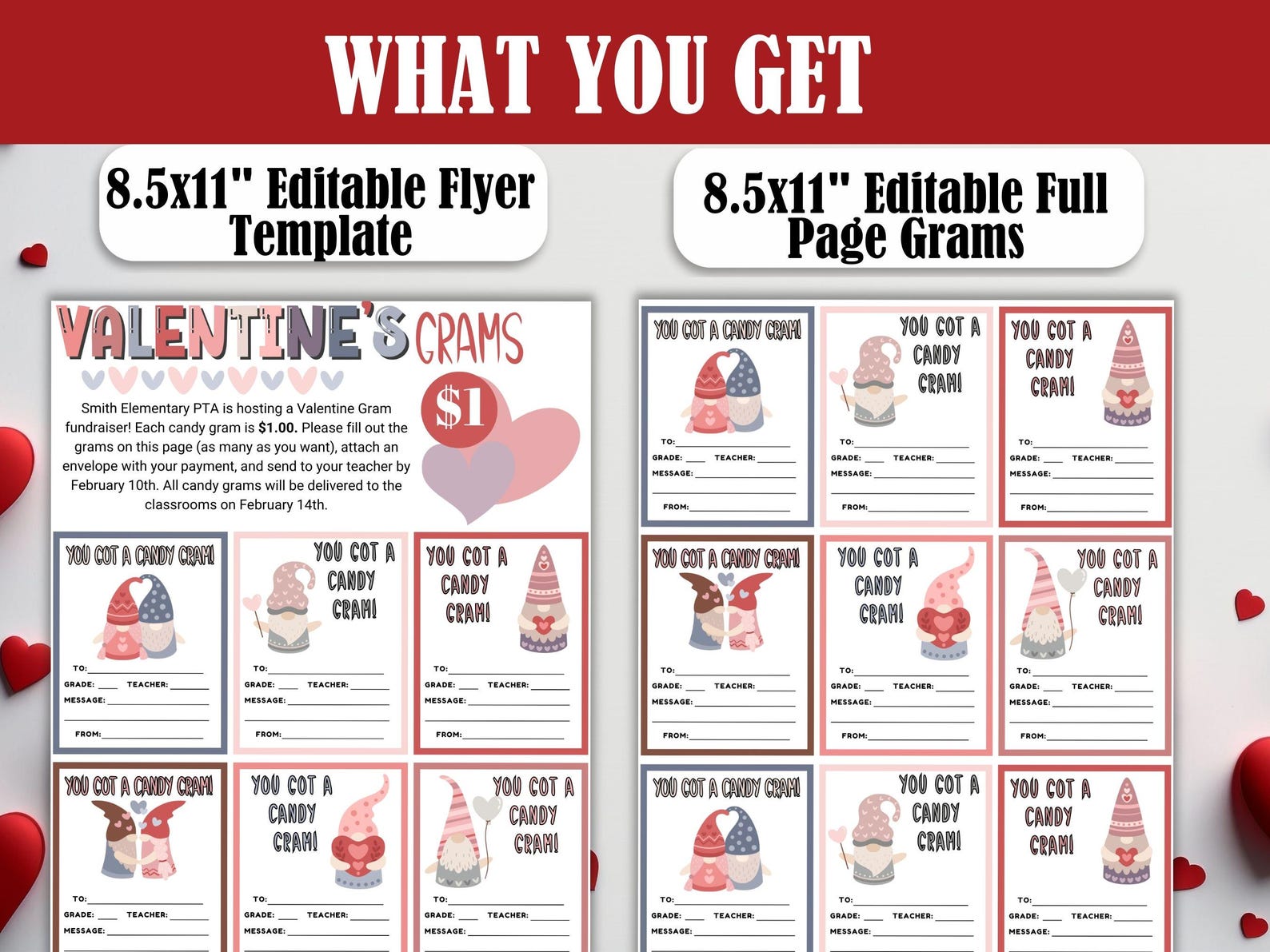 Editable Valentines Day Candy Grams Boho Valentines Gnome PTO PTA ...