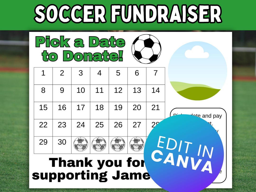Editable Soccer Calendar Fundraiser; Pick a Date Fundraiser; Soccer ...