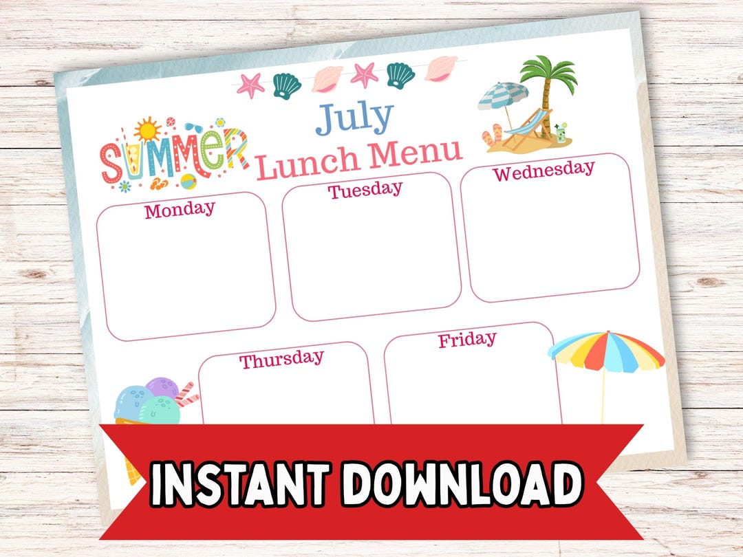 Kids School Weekly Lunch Menu; July Lunch Menu Template; Editable and ...