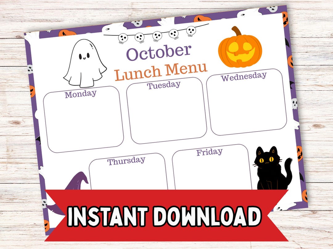 Kids School Weekly Lunch Menu; October Lunch Menu Template; Editable ...