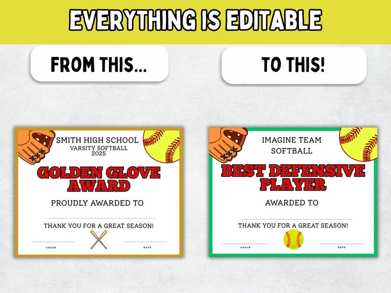 Editable Softball Award Certificates; Sports Awards PDF; Printable ...