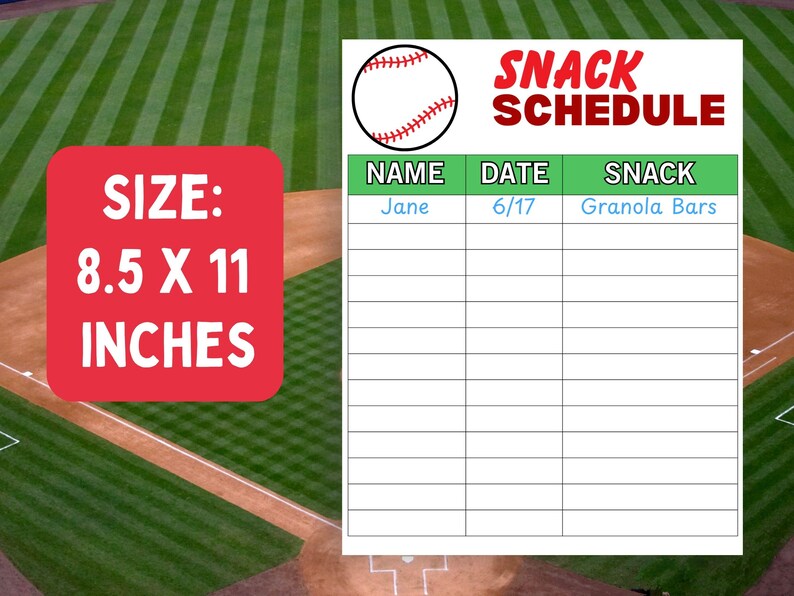 Baseball Snacks Sign up Sheet PDF; Printable & Fillable Game Day Sign ...