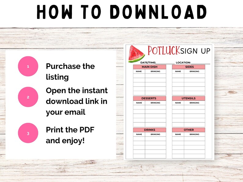 Summer Potluck Sign up Sheet PDF; Printable Sign up Sheet for Work ...