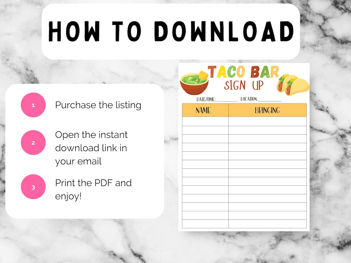 Taco Bar Potluck Sign up Printable; Sign up Sheet for Taco Fiesta PDF ...