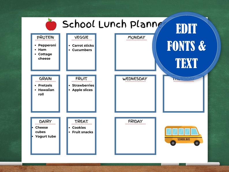 School Lunch Planner; Editable and Printable Lunch Planner for Kids ...