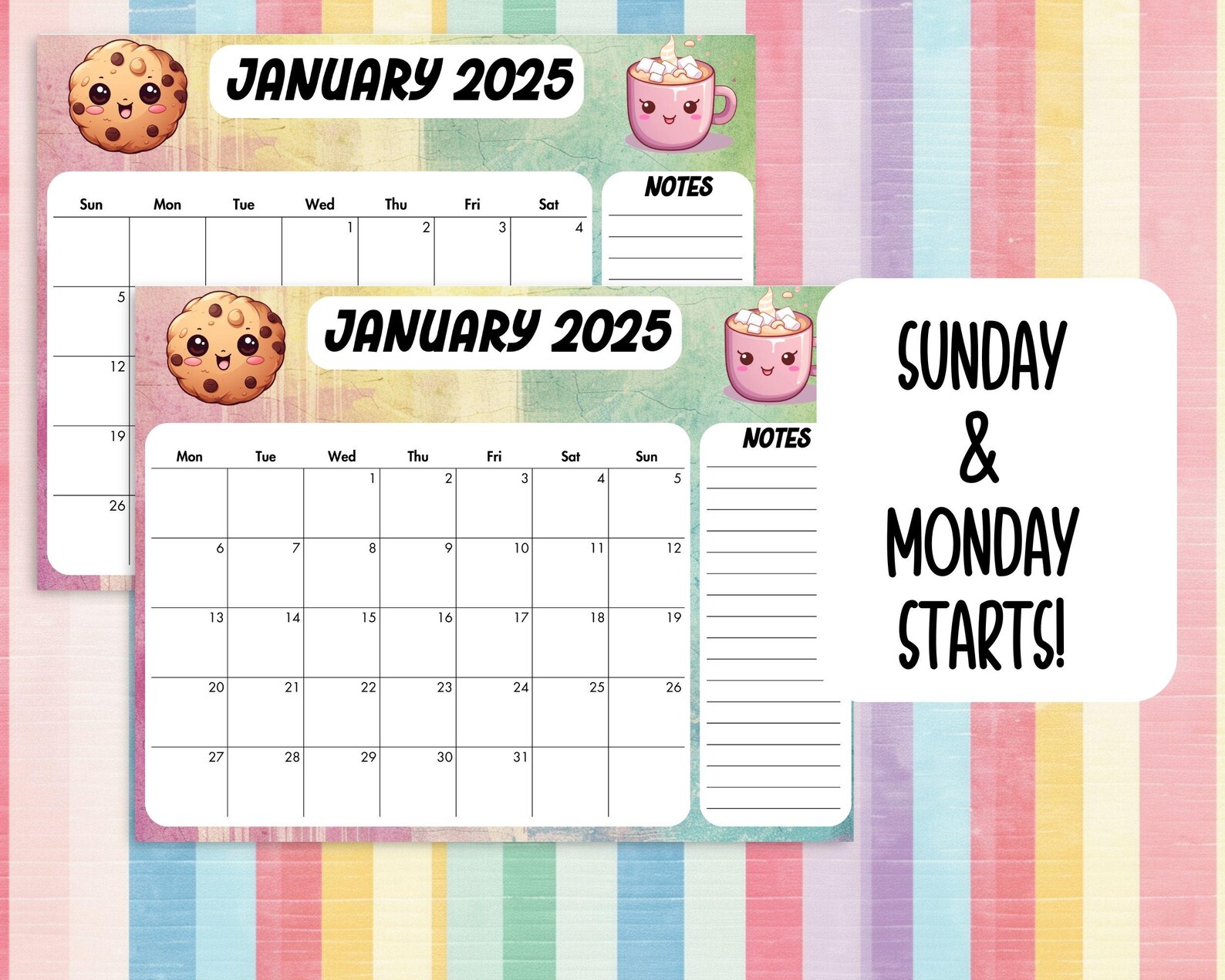 2025 Kawaii Food Printable Calendar; Cute Calendar 2025 PDF; Kawaii ...