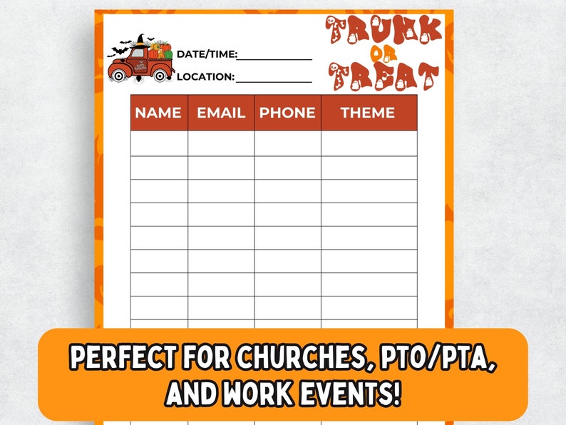Trunk or Treat Sign up Sheet; Sign up Sheet for Halloween Trunk or ...