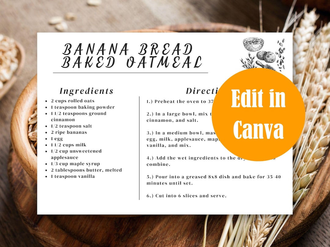 Editable Oatmeal Recipe Card Template, for Recipe Notebook or Recipe ...