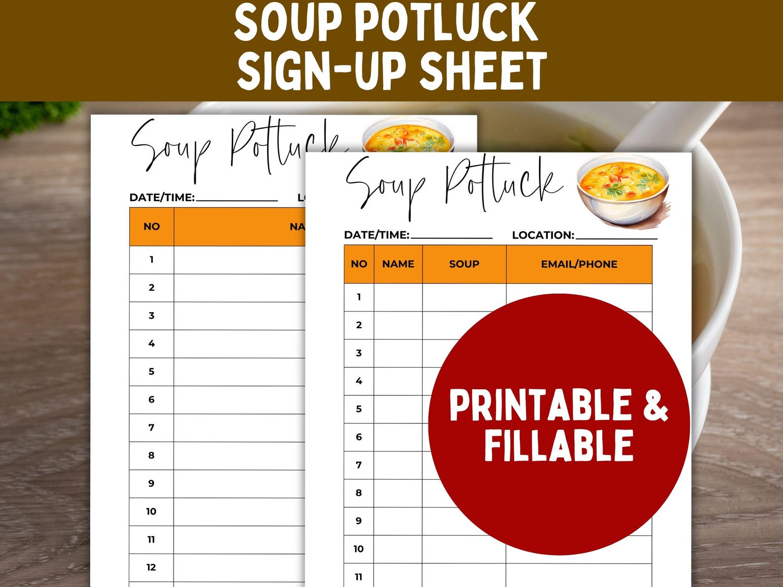 Soup Potluck Sign up Sheet PDF; Printable & Fillable Soup Sign up Sheet ...