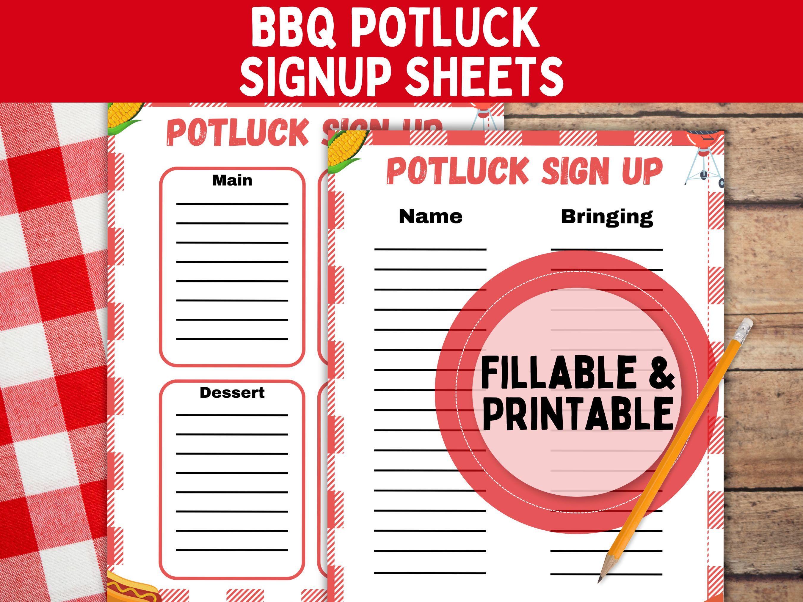 BBQ Potluck Signup Sheet; Fillable & Printable for Summer Potluck Party ...