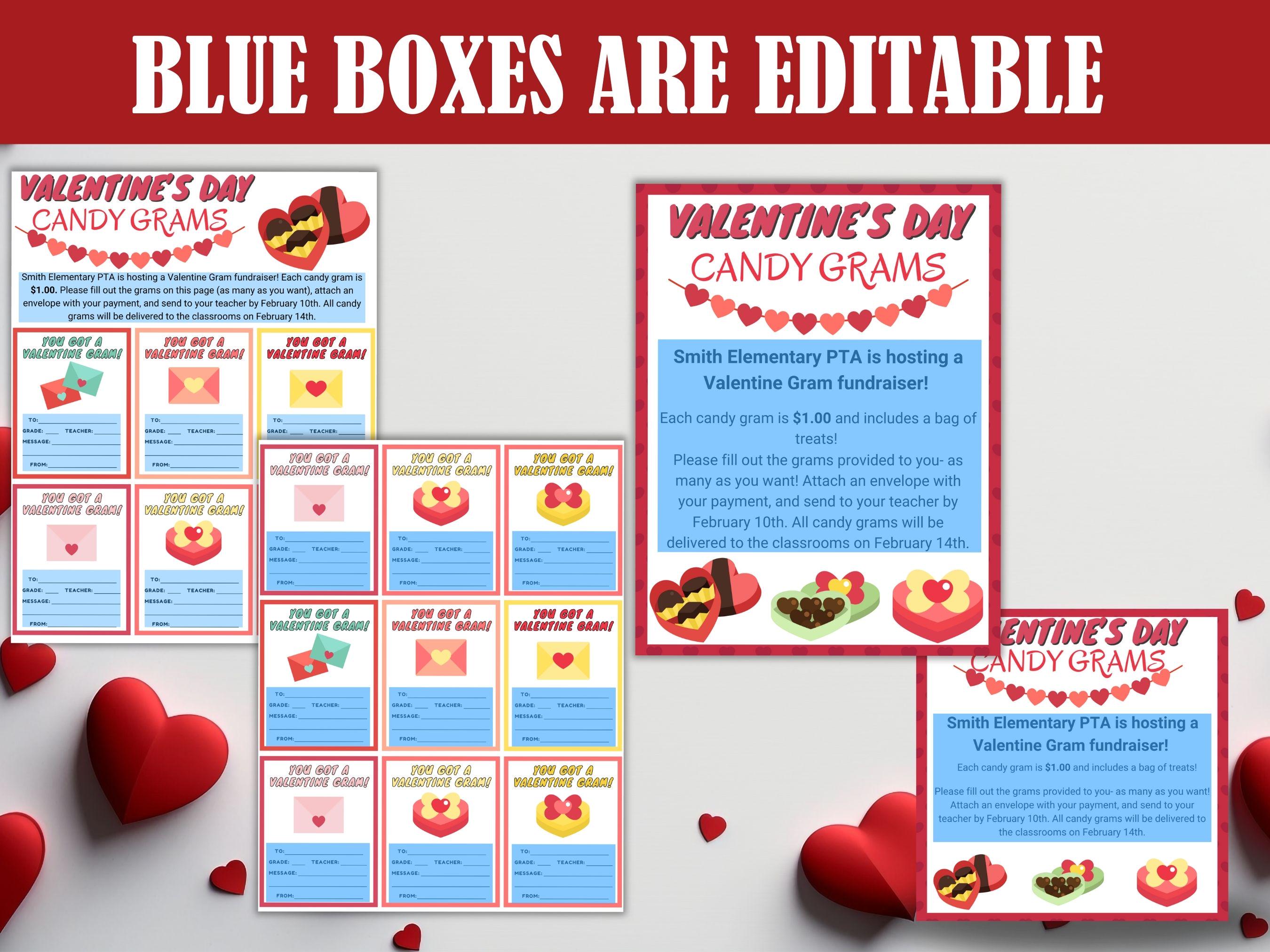 Editable Valentines Day Candy Grams; PTO PTA School Fundraiser; Candy ...