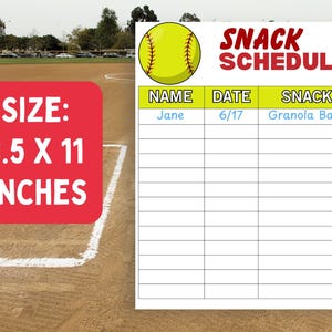 Softball Snacks Sign up Sheet PDF; Printable & Fillable Game Day Sign ...