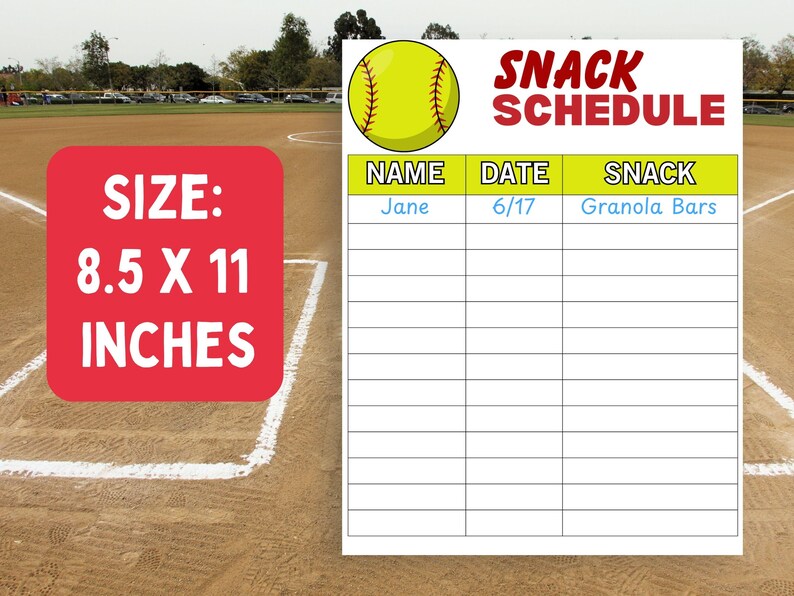 Softball Snacks Sign up Sheet PDF; Printable & Fillable Game Day Sign ...