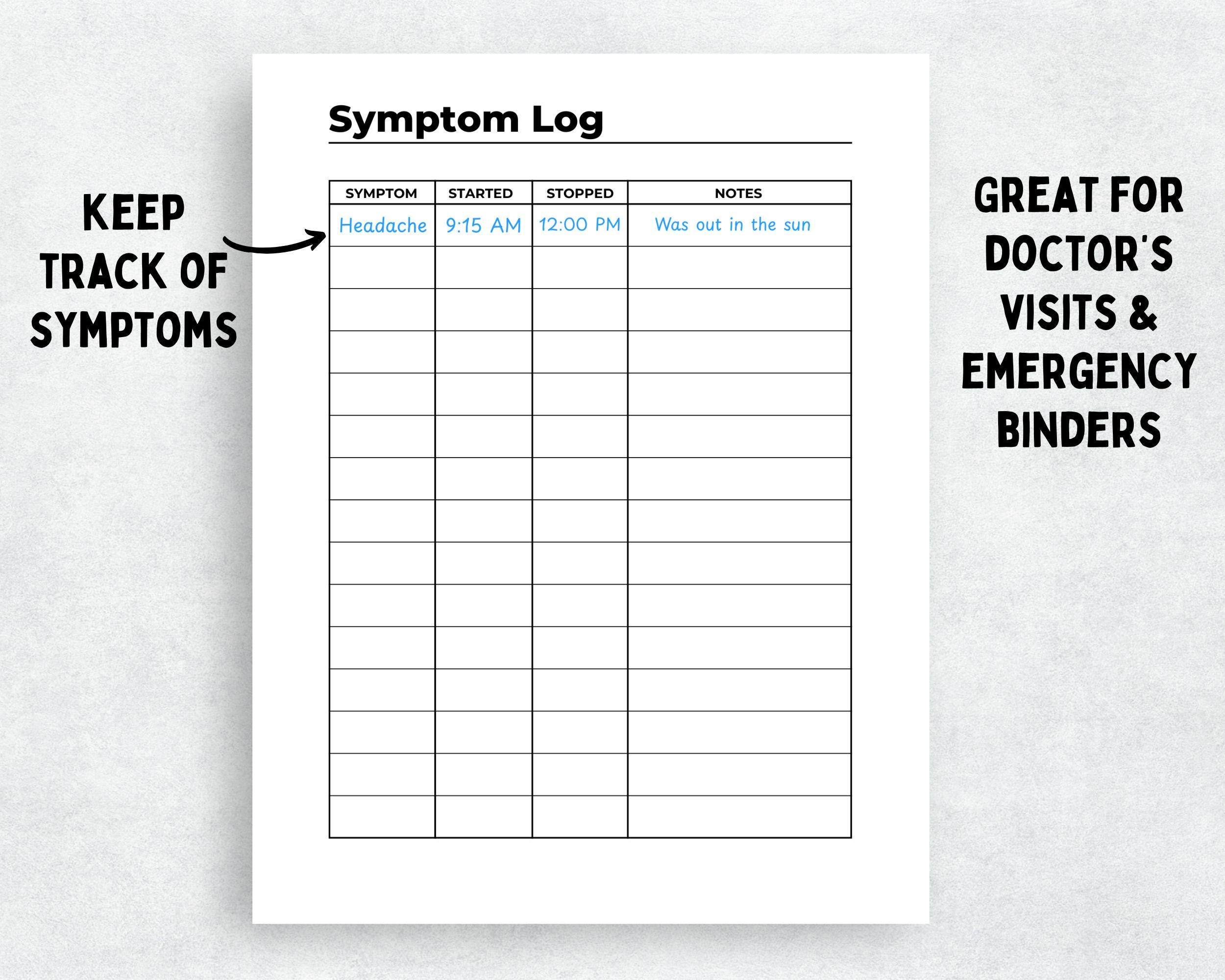 Printable Symptom Log; Symptom Tracker PDF; Wellness Planner Page ...