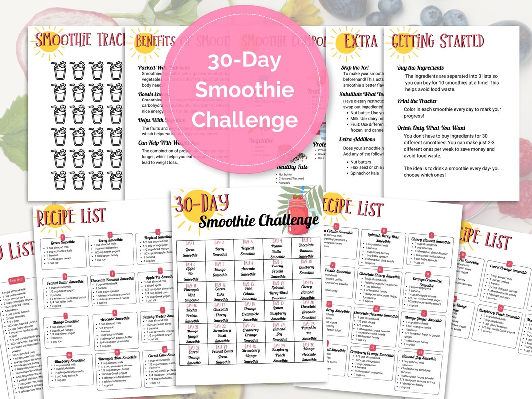 30 Day Smoothie Challenge With Recipes; Printable Shopping List and Tracker Bundle; Summer ...