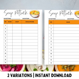 Soup Potluck Sign up Sheet PDF Printable Soup Sign up Sheet Soup ...