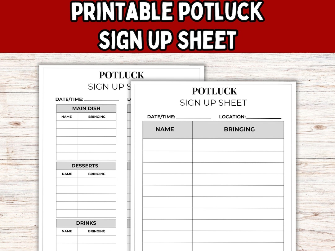 Potluck Sign up Sheet PDF; Printable Sign up Sheet for Work, Church, or ...