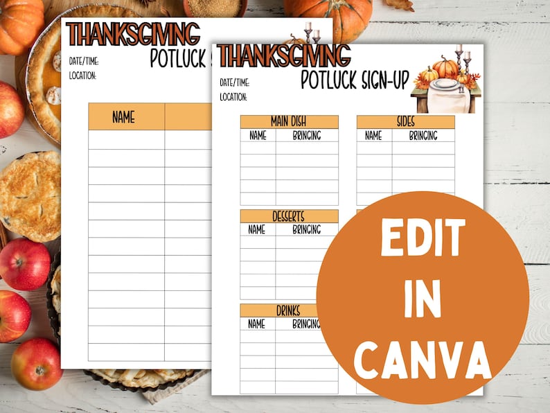 Editable Thanksgiving Potluck Sign up Sheet; Editable in Canva and ...