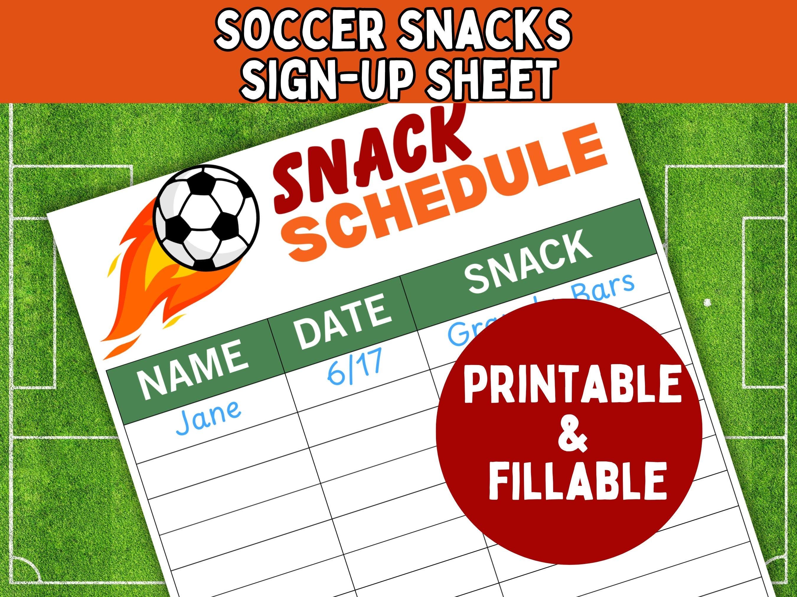 Soccer Snacks Sign up Sheet PDF; Printable & Fillable Game Day Sign up ...