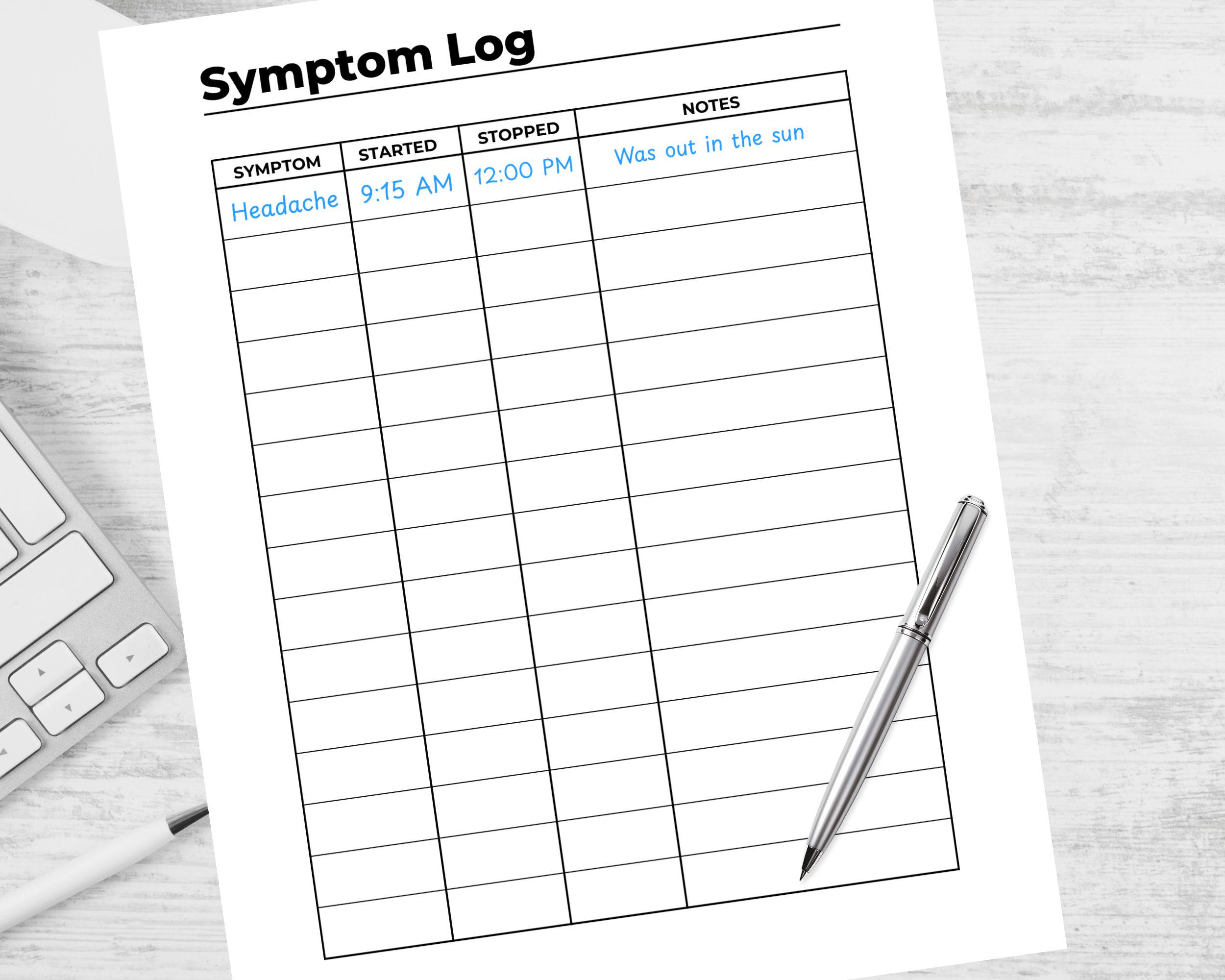 Printable Symptom Log; Symptom Tracker PDF; Wellness Planner Page ...