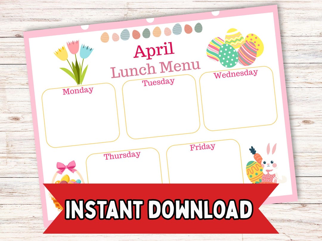 Kids School Weekly Lunch Menu; April Lunch Menu Template; Editable and ...