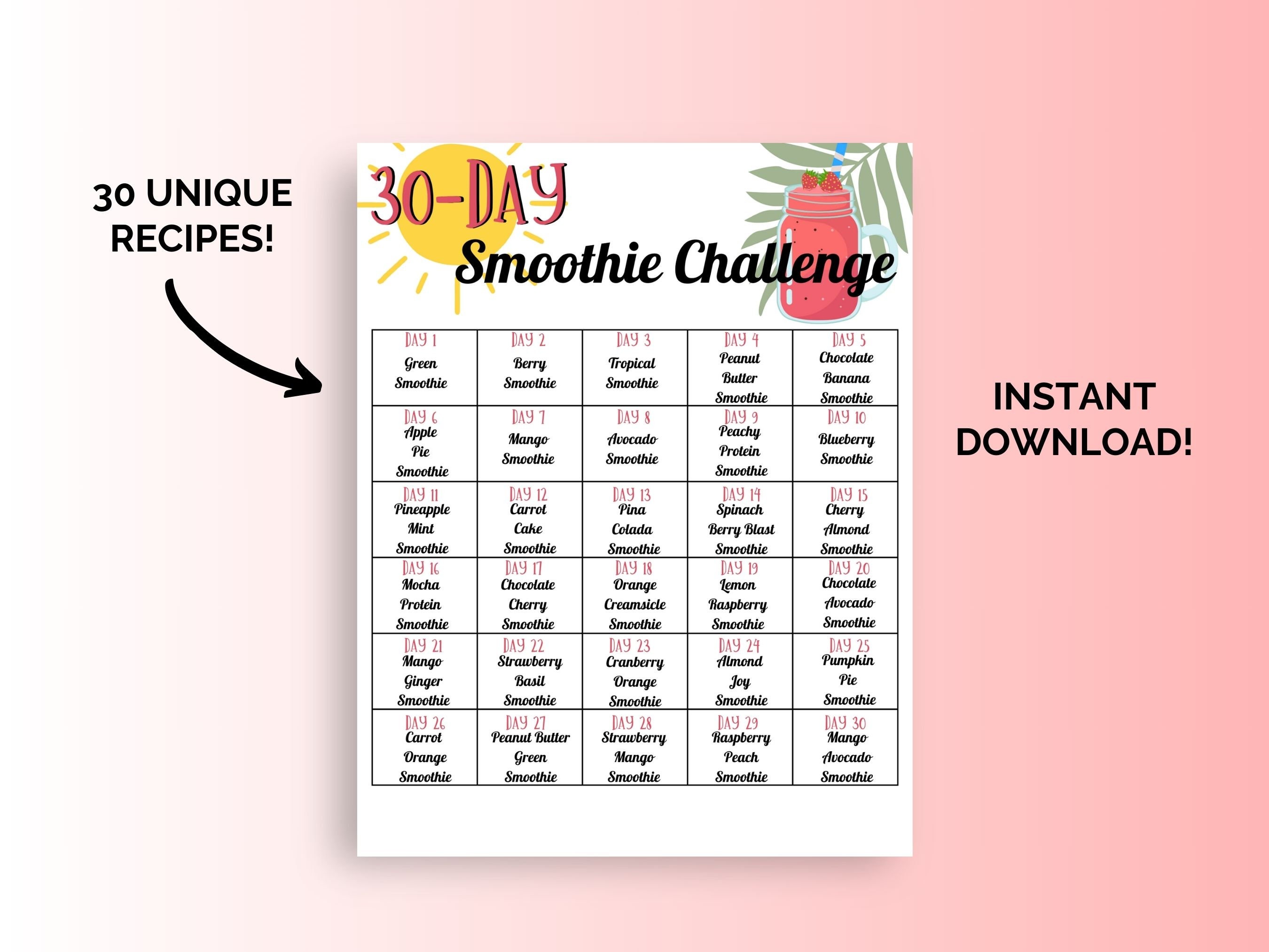 30 Day Smoothie Challenge With Recipes; Printable Shopping List and ...