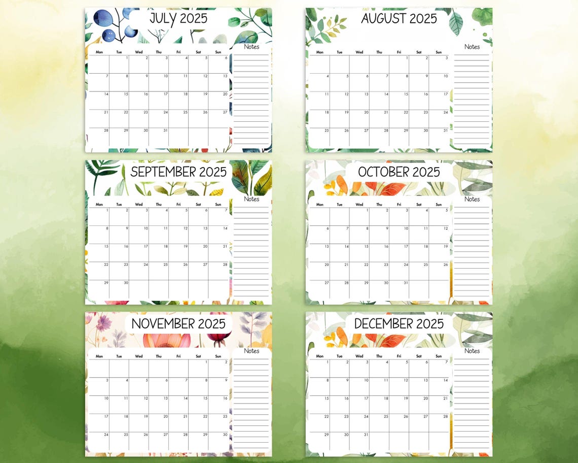 2025 Botanical Calendar Printable; Watercolor Plants Calendar PDF ...