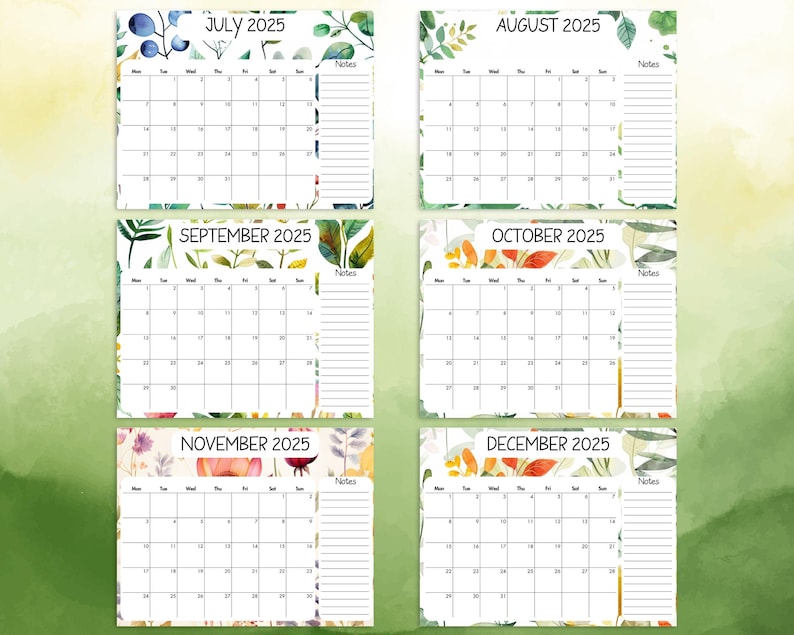 2025 Botanical Calendar Printable; Watercolor Plants Calendar PDF ...