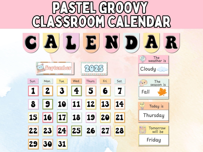 Classroom Calendar Set Printable; Pastel Groovy Classroom Decor; Retro ...