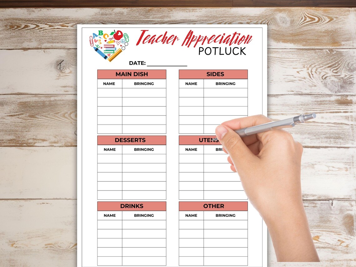 Teacher Appreciation Potluck Sign up Sheet PDF; Printable Teacher ...