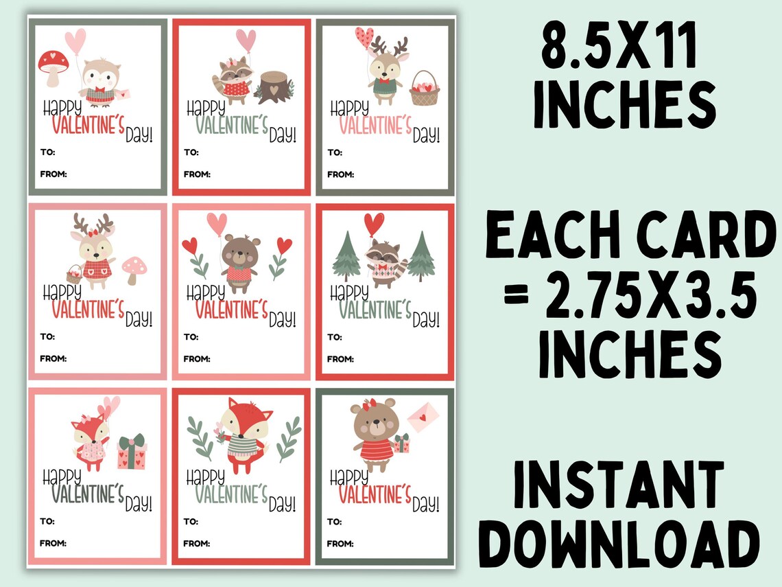 Woodland Animals Printable Valentine Cards; Classroom Valentines PDF ...