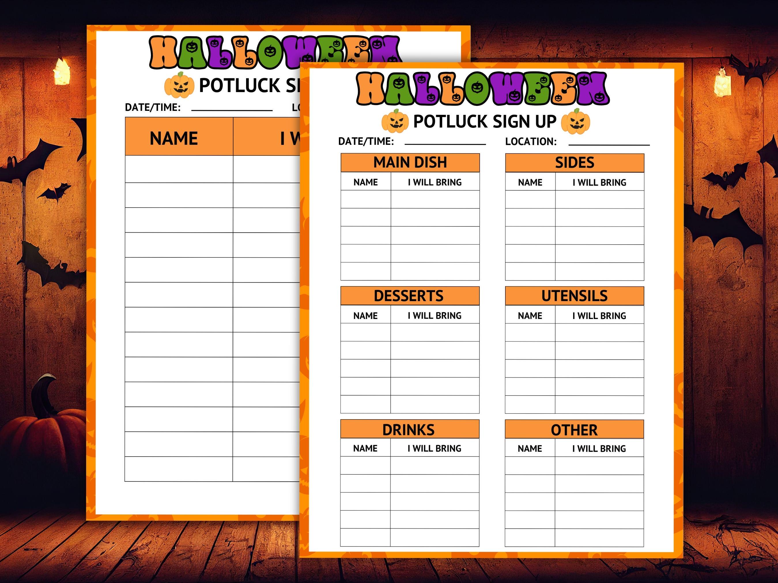 Halloween Potluck Sign up Sheet PDF Printable Halloween Potluck Signup ...