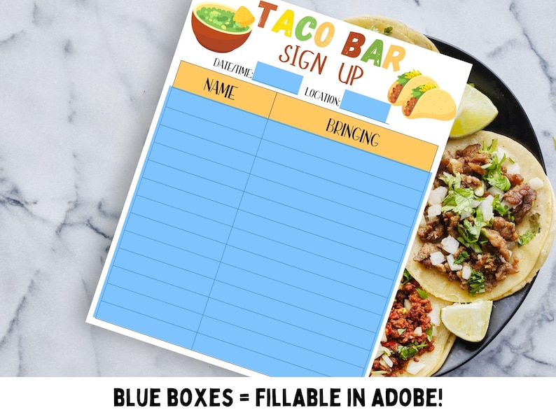 Taco Bar Potluck Sign up Printable; Sign up Sheet for Taco Fiesta PDF ...