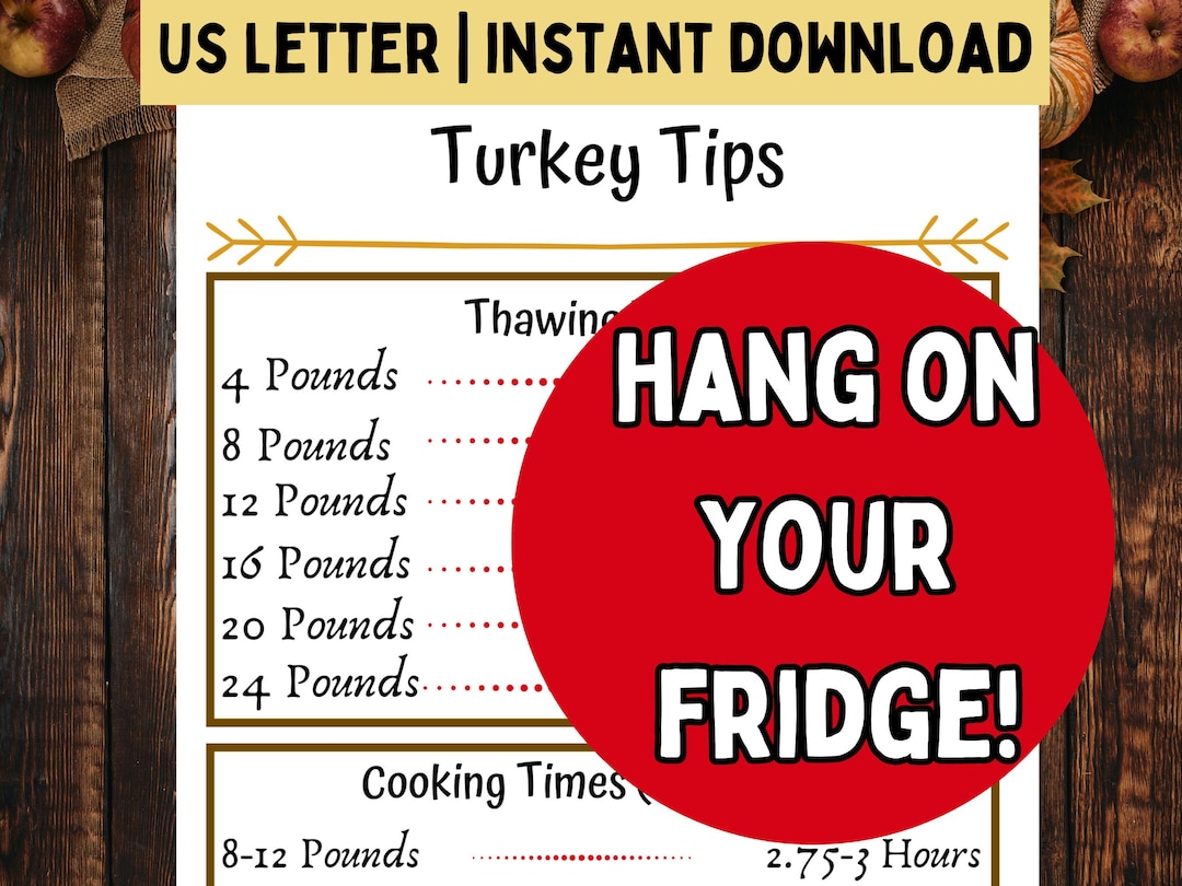 Printable Turkey Cooking Chart; Turkey Thawing and Cooking Times PDF ...