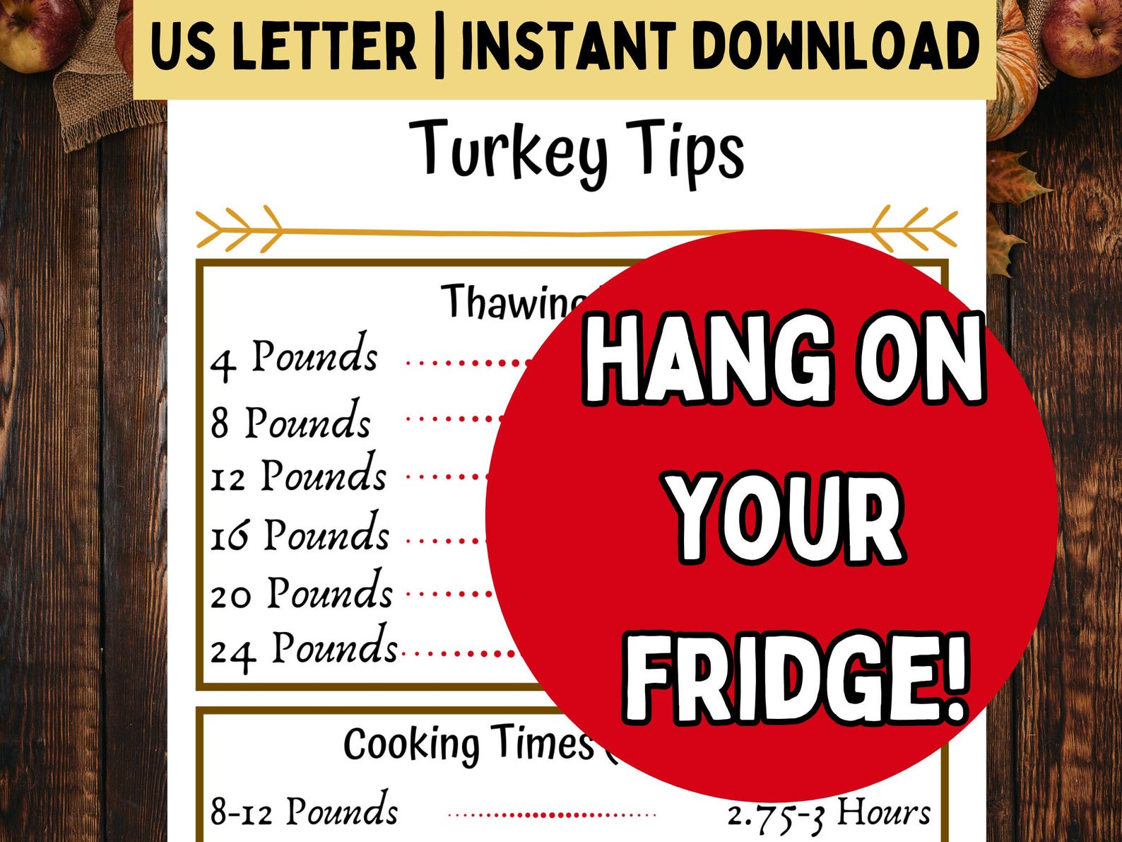 Printable Turkey Cooking Chart; Turkey Thawing and Cooking Times PDF ...