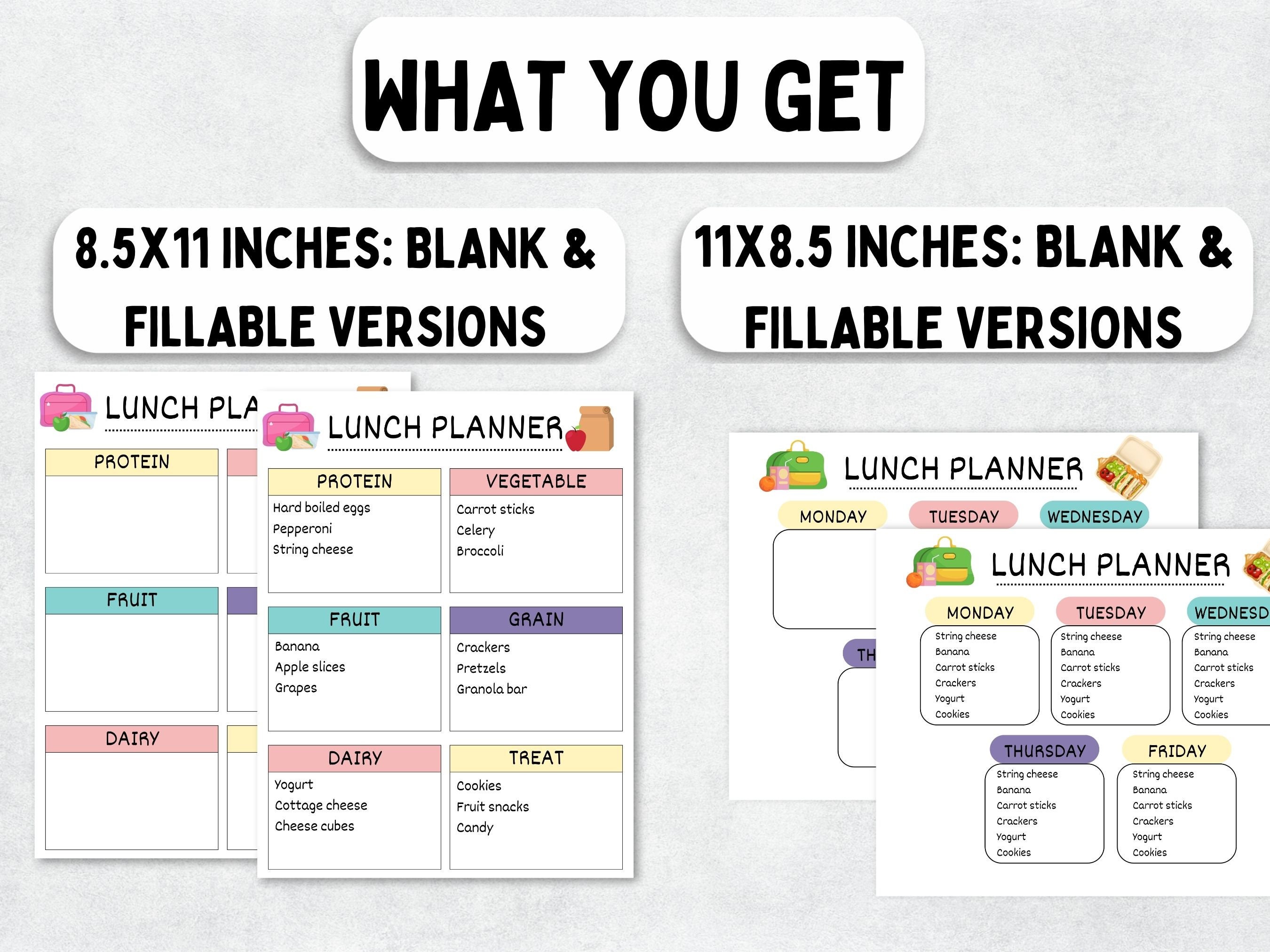 Kids School Lunch Planners; Blank and Fillable; Weekly Menu Planner ...