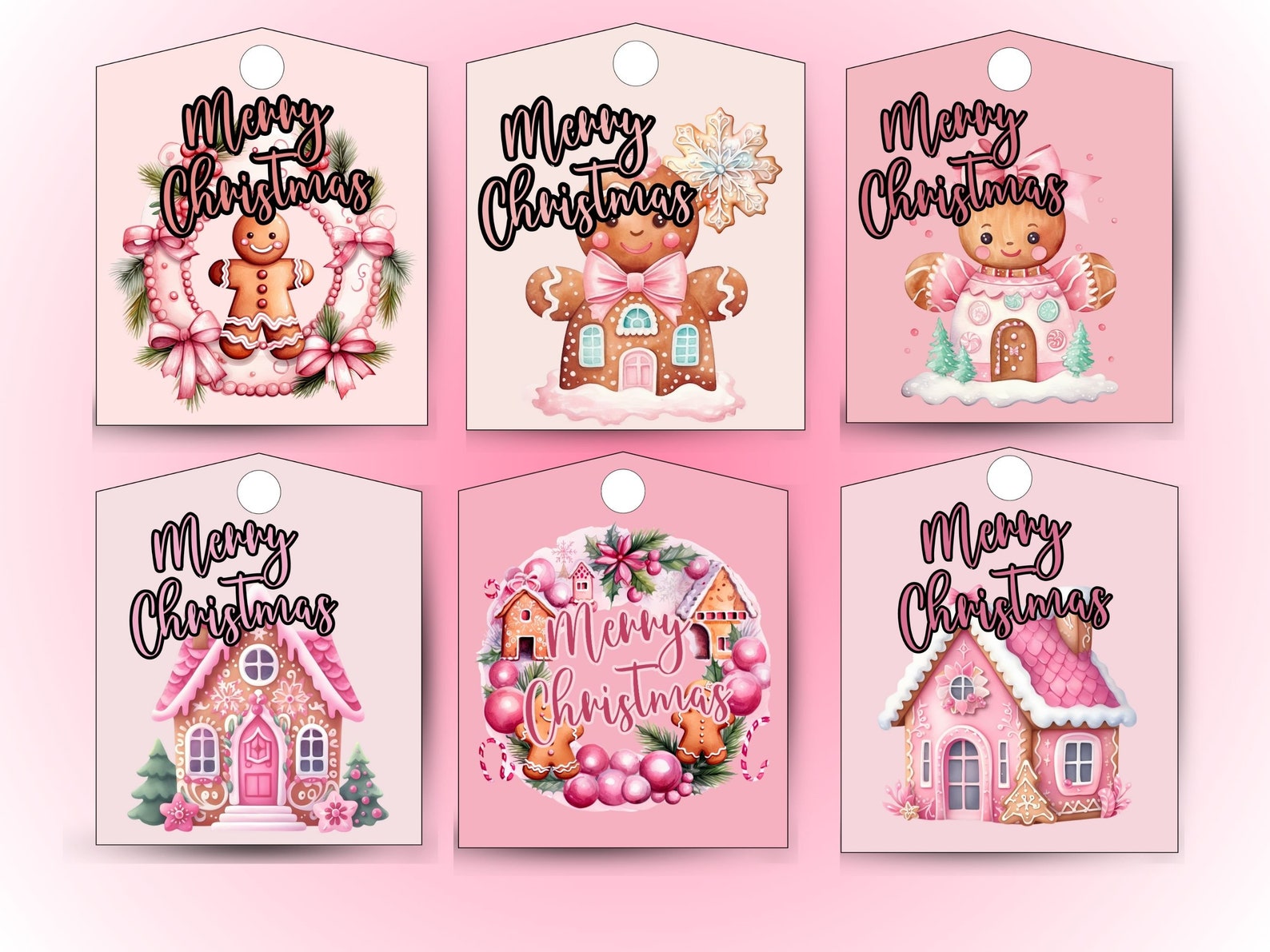 Pink Christmas Gift Tags Printable; Pink Gingerbread House Holiday Gift ...