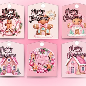Pink Christmas Gift Tags Printable; Pink Gingerbread House Holiday Gift ...