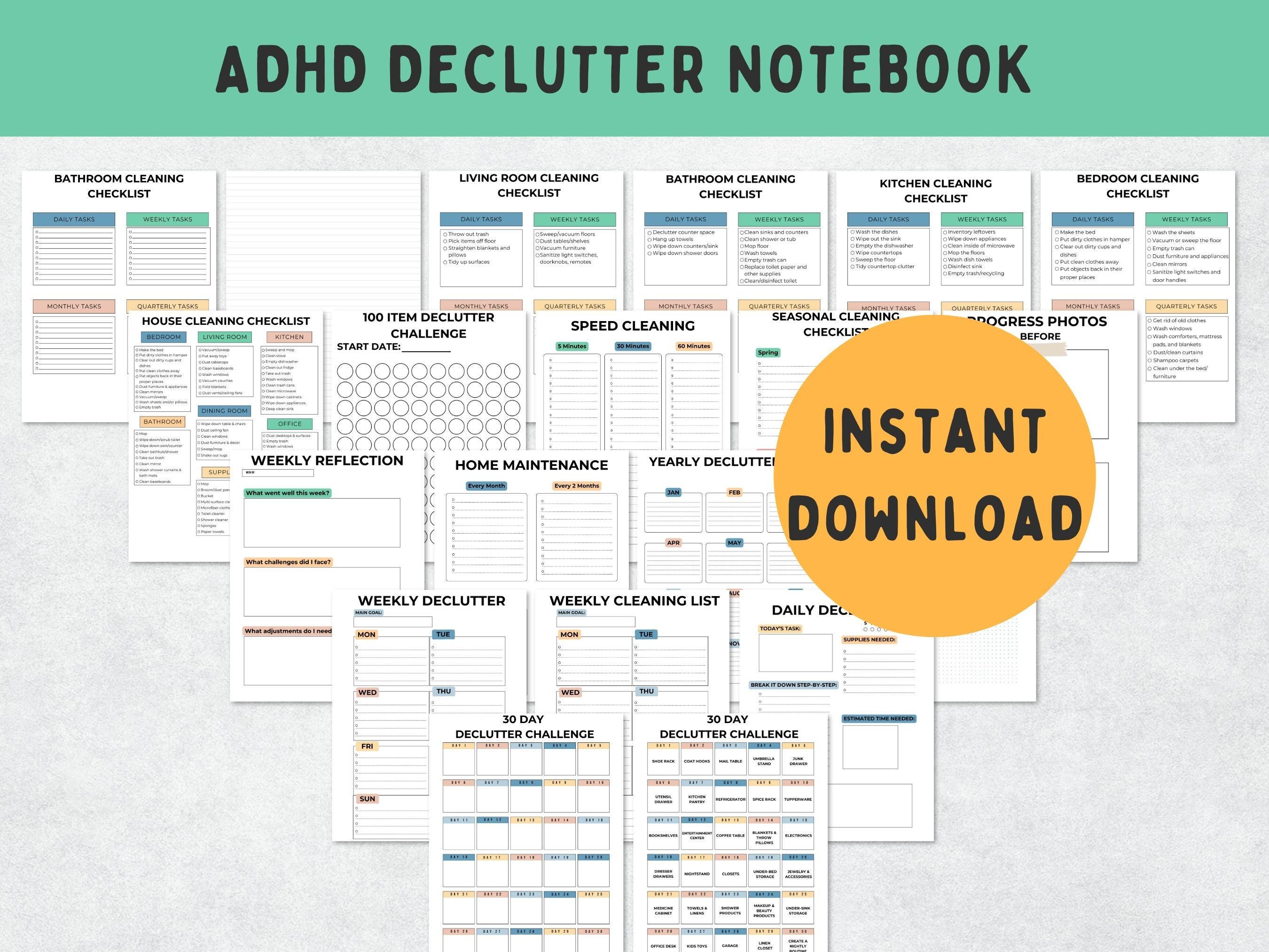 ADHD Declutter Checklist Workbook; Printable Cleaning Planner; Declutter Planner; Cleaning ...