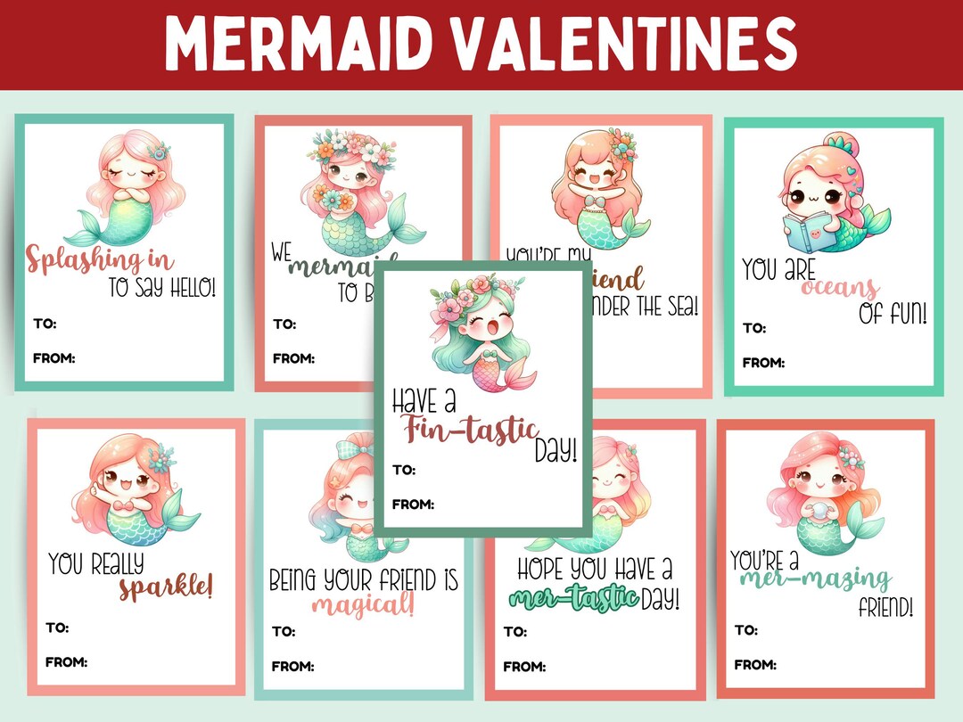 Cute Mermaid Printable Valentine Cards; Classroom Valentines PDF ...