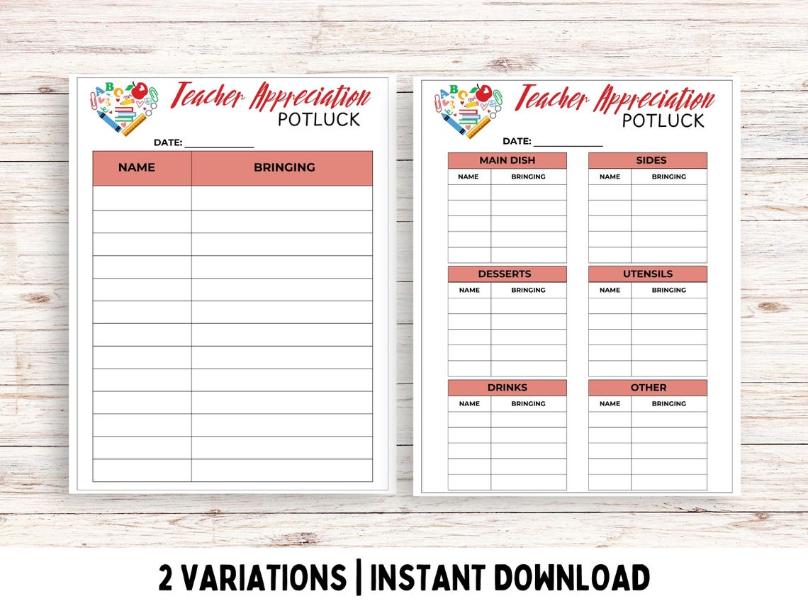 Teacher Appreciation Potluck Sign up Sheet PDF; Printable Teacher ...