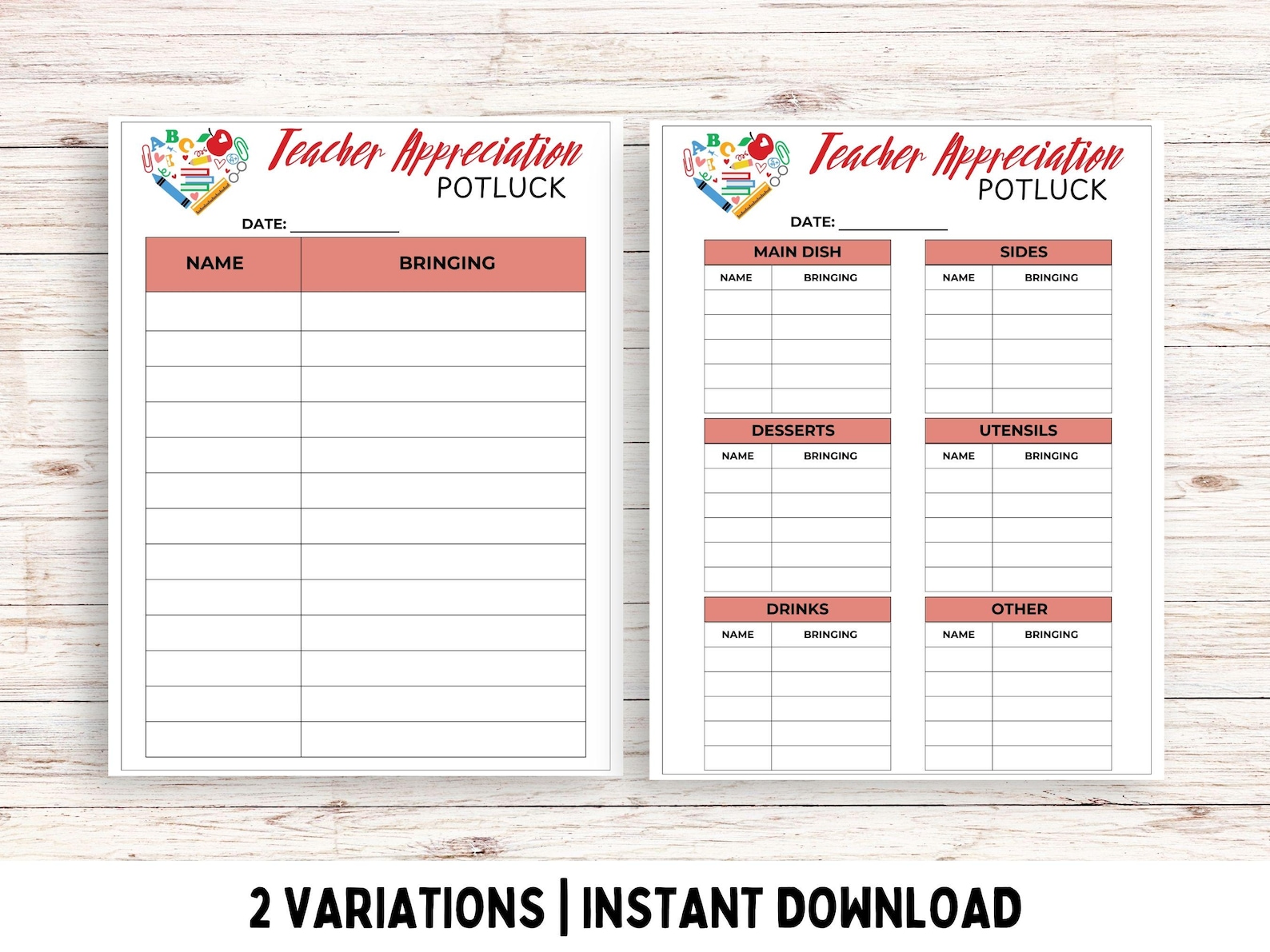 Teacher Appreciation Potluck Sign up Sheet PDF; Printable Teacher ...