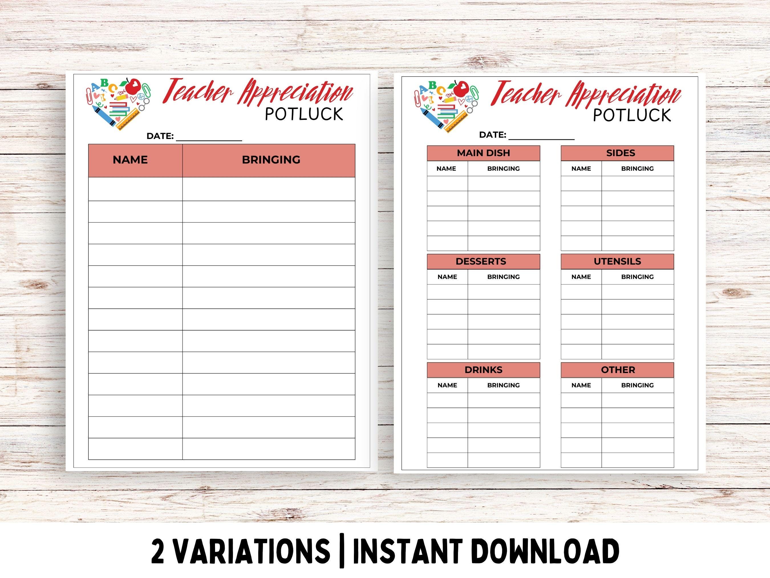 Teacher Appreciation Potluck Sign up Sheet PDF; Printable Teacher ...